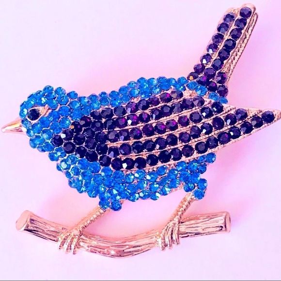 Jewelry | New Crystal Blue Bird Brooch In Golden Finish | Poshmark